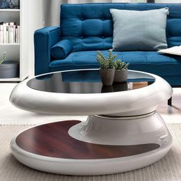 Pharao24.de Designercouchtisch in Wei&szlig; Hochglanz und Nussbaum Optik schwenkbarer Tischplatte