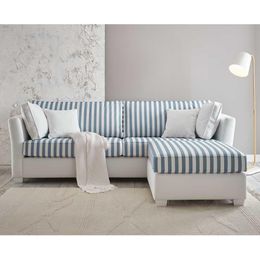 Pharao24.de Sofa mit Hocker gestreift in Blau und Cremewei&szlig; Landhausstil (zweiteilig)