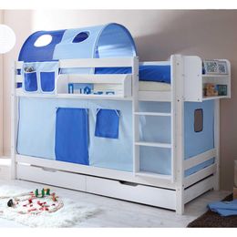 Pharao24.de Kinderbett mit Vorhang und Tunnel Massivholz und Webstoff