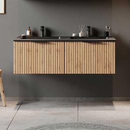 Pharao24.de Bad Wandschrank mit Becken in Wildeichefarben & Schwarz 120 cm breit