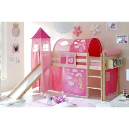 Pharao24.de Prinzessin Kinderbett aus Kiefer Massivholz Rutsche und Turm in Pink