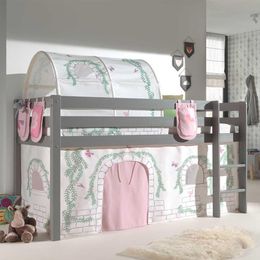 Pharao24.de Kinderspielbett in Grau und Rosa Stofftunnel und Vorhang
