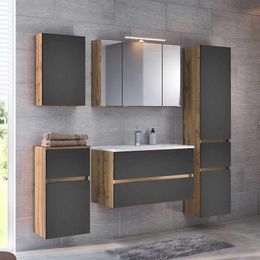 Pharao24.de Badezimmer Komplettset in Dunkelgrau und Wildeiche Optik LED Beleuchtung (f&uuml;nfteilig) aus MDF in Wildeichefarben Pharao24