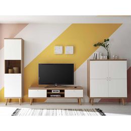 Pharao24.de Wohnwand in Wei&szlig; und Eiche Skandi Design (dreiteilig)