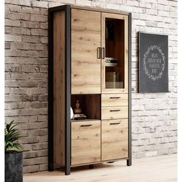 Pharao24.de Esszimmer Vitrinenschrank in Wildeichefarben & Schwarz Industrie und Loft Stil aus Spanplatte 100x200x41 cm Pharao24
