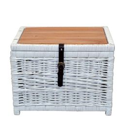Pharao24.de Rattan Tisch mit Holzplatte Geflecht wei&szlig; lackiert