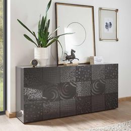 Pharao24.de Modernes Sideboard in Anthrazit Hochglanz floralem Siebdruck verziert