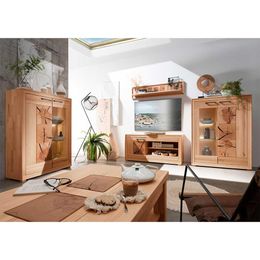 Pharao24.de Wohnwand Massivholz Kernbuche in modernem Design 135 cm hoch (vierteilig)
