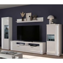 Pharao24.de TV Wohnwand weiss mit Hochglanz Front LED Beleuchtung (vierteilig)