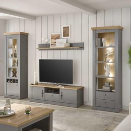 Pharao24.de Schrankwand Wohnzimmer im Landhausstil Eichefarben und Grau (vierteilig)