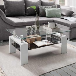 Pharao24.de Sofatisch wei&szlig; Hochglanz mit Glasplatte 100 cm breit - 45 cm hoch