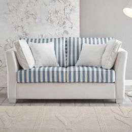Pharao24.de Zweisitzer Sofa gestreift in Blau und Wei&szlig; Microfaser und Holz