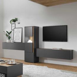 Pharao24.de Design Wohnwand in Anthrazit und Wildeiche Optik 350 cm breit (dreiteilig)