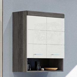 Pharao24.de Wandschrank f&uuml;r Badezimmer in Wei&szlig; und Holzoptik Rauchgrau Dreht&uuml;ren