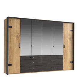 Pharao24.de Kleiderschrank mit Spiegeln in Plankeneiche Holzoptik Schwarzgrau
