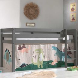 Pharao24.de Kinder Hochbett aus Kiefer Massivholz Grau mit Dino Vorhang