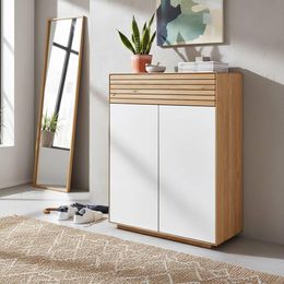 Pharao24.de Schuhgarderobe Schuh Schrank mit Dreht&uuml;ren in Wei&szlig; und Asteichefarben aus Asteiche Massivholz 80x103x37 cm Pharao24