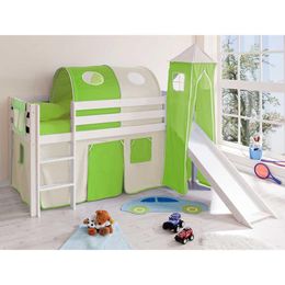Pharao24.de Wei&szlig;es Kinder Hochbett mit Rutsche Turm in Gr&uuml;n Beige