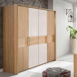 Pharao24.de Schlafzimmerschrank in Beige Glas beschichtet Eiche Massivholz