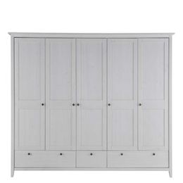 Pharao24.de Wei&szlig;er Kleiderschrank im Skandi Design 230 cm breit 5 T&uuml;ren aus Kiefer Massivholz in Wei&szlig; 230x210x57 cm Pharao24