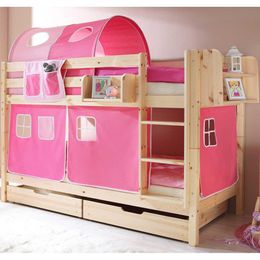 Pharao24.de Kinderetagenbett mit rosa Vorh&auml;ngen Kiefer Massivholz