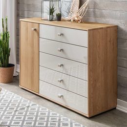 Pharao24.de Wohnzimmer Kommode in Beige und Eiche teilmassiv Glas beschichtet