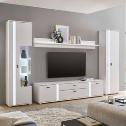 Pharao24.de Wohnwand wei&szlig; matt in modernem Design LED Beleuchtung (vierteilig)