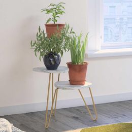 Pharao24.de Retro Stil Blumentisch in Wei&szlig; Marmor Optik Goldfarben
