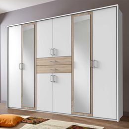 Pharao24.de Kleiderschrank mit Schubladen und Spiegel in Wei&szlig; Eiche S&auml;gerau