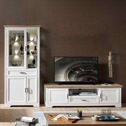 Pharao24.de Landhausstil Anbauwand in Wei&szlig; und Eiche Dekor LED Beleuchtung (zweiteilig)