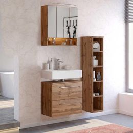 Pharao24.de Kleines Badezimmer Set in Wildeichefarben LED Beleuchtung (dreiteilig)