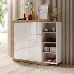 Pharao24.de Highboard mit offenen F&auml;chern Eichefarben und Wei&szlig; Hochglanz