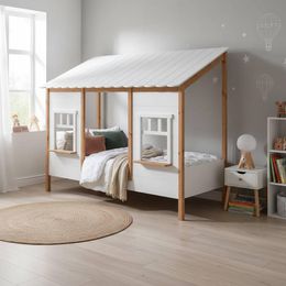 Pharao24.de Kinderzimmer Hausbett mit Fenstern Wei&szlig; & Eichefarben