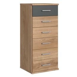 Pharao24.de Hohe Kommode modern mit sechs Schubladen Eichefarben und Dunkelgrau