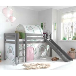 Pharao24.de Rutschen Hochbett in Grau und Rosa Stofftunnel und Vorhang