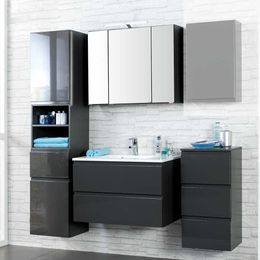 Pharao24.de Badm&ouml;bel Set mit 3D Spiegelschrank Anthrazit Hochglanz (vierteilig)