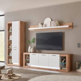 Pharao24.de Schrankwand Wohnzimmer Anbauwand in Wei&szlig; matt und Eichefarben (dreiteilig)