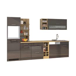 Pharao24.de Design K&uuml;chenzeile in Grau Hochglanz 310 cm breit (neunteilig)
