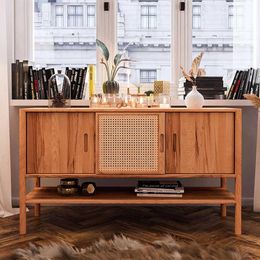 Pharao24.de Sideboard Holz massiv mit Rattan Geflecht Schiebet&uuml;ren
