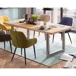 Pharao24.de Ger&uuml;stholz Tisch mit Metall B&uuml;gelgestell Antiksilber modernem Design
