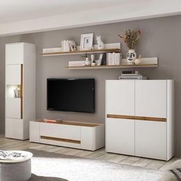 Pharao24.de Design Wohnwand in Wei&szlig; und Wildeichefarben 2 Regalen (f&uuml;nfteilig)
