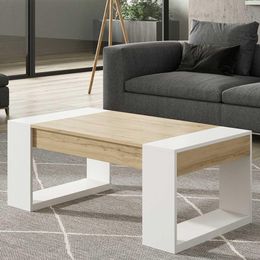Pharao24.de Sofa Tisch in Wei&szlig; und Wildeiche Optik hochklappbarer Tischplatte