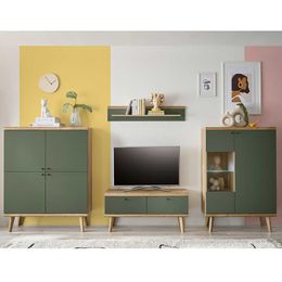 Pharao24.de Wohnwand niedrig im Skandi Design Graugr&uuml;n & Wildeichefarben (vierteilig)
