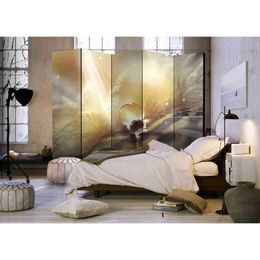 Pharao24.de 5 teiliger Paravent in Beige und Grau Feder Motiv und Wassertropfen