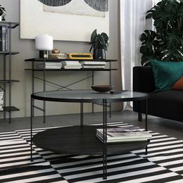 Pharao24.de Wohnzimmer Tisch schwarz rund aus Metall Strukturglasplatte