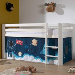 Pharao24.de Kinder Hochbett aus Kiefer Massivholz Wei&szlig; lackiert mit Weltraum Vorhang