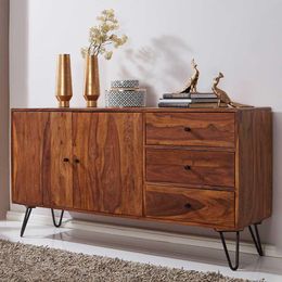 Pharao24.de Wohnzimmer Sideboard aus Sheesham Massivholz und Eisen drei Schubladen