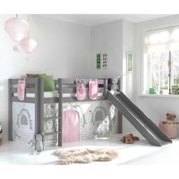 Pharao24.de M&auml;dchen Spielbett in Grau und Rosa Leiter und Vorhang