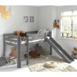 Pharao24.de Graues Kinderhochbett mit Rutsche Kiefer Massivholz