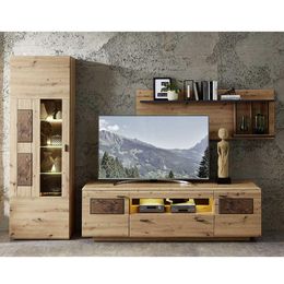 Pharao24.de Wohnzimmer Anbauwand in Wildeiche Hirnholz Optik 255 cm breit (dreiteilig)